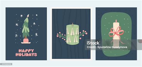 해피 홀리데이 인사말 카드에는 향초와 글자가 적혀 있습니다 겨울 어두운 축제 포스터 모음입니다 새해 세로 배너입니다 크리스마스 파티 전단지 템플릿입니다 벡터 평면 그림 12