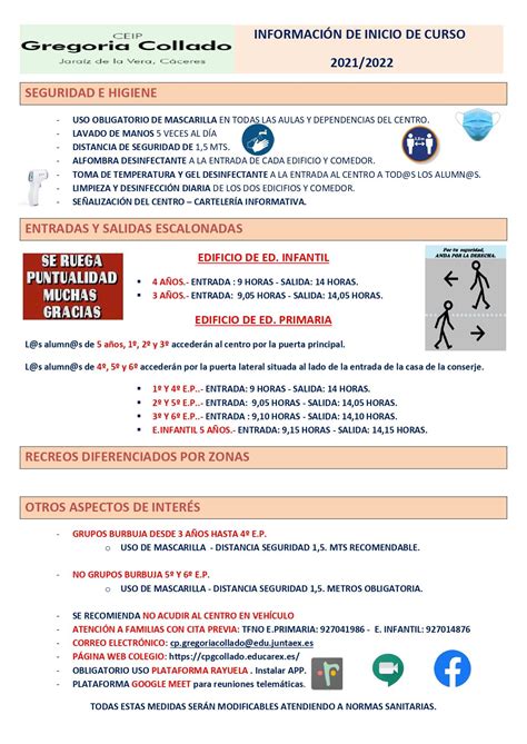 InformaciÓn Inicio De Curso 20212022 Ceip Gregoria Collado