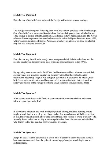 Module Two Short Responses Module Two Question Describe One Of The Beliefs And Values Of The