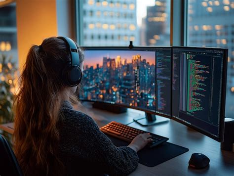 focused woman coding on dual monitors in a modern home office at night