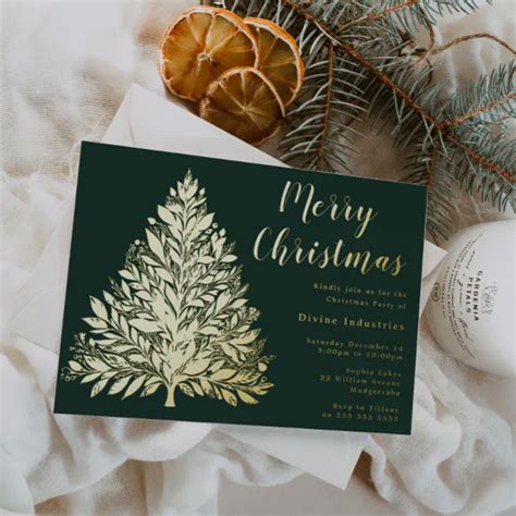 Divine Gold Foil Tree Christmas Party Pine Green Foil Invitation Zazzle