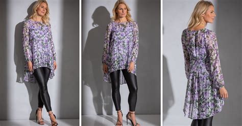 Rose Print Dip Hem Georgette Tunic Top In Lavender Klass Silkfred Us
