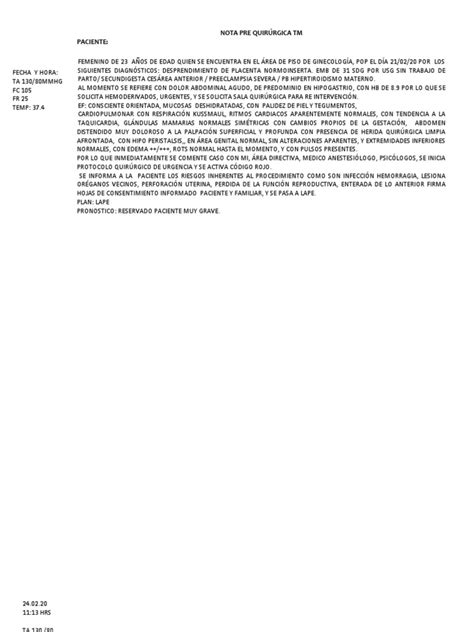 Nota Prequirurgica Lape Preeclampsia Pdf Periodo Posparto El Embarazo