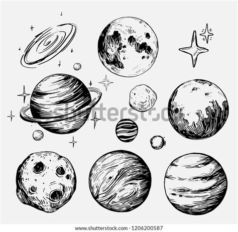 Set Space Objects Planets Stars Hand Stock Vector Royalty Free 1206200587
