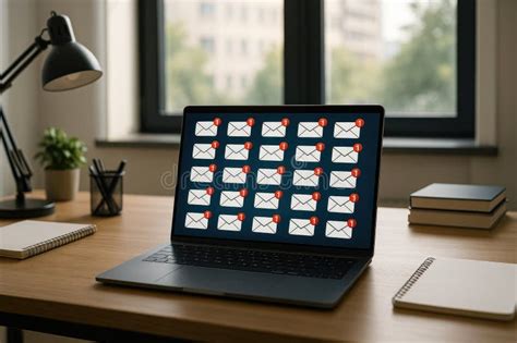 laptop screen showing many unread emails workspace stock illustration