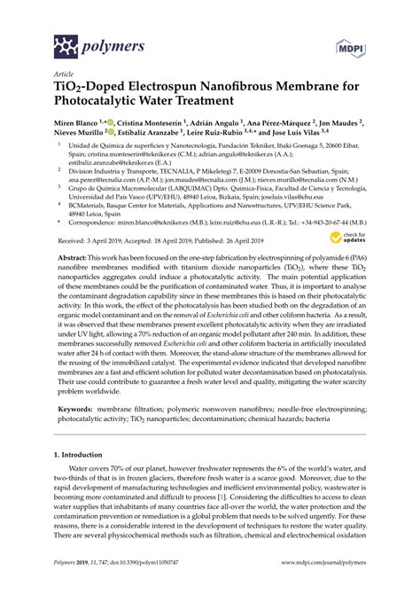 Pdf Tio2 Doped Electrospun Nanofibrous Membrane For Photocatalytic Water Treatment