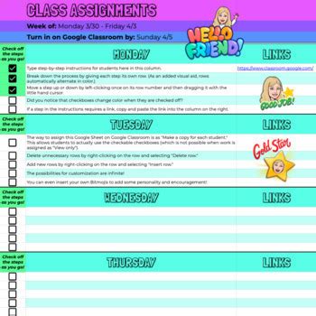 Checkable Checklist Google Sheet Template For Distance Learning Lessons
