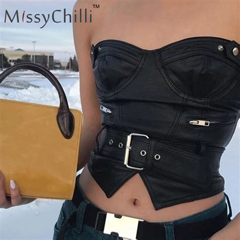 Missychilli Pu Leather Belt Women Tops Zipper Off Shoulder Summer Style
