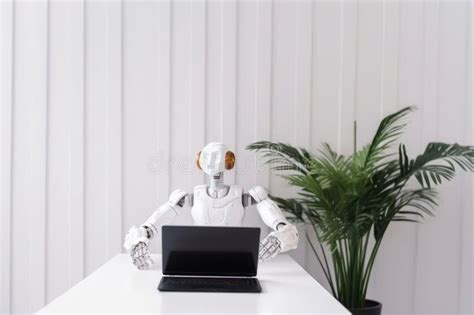 Robot With Laptop New Technologies Artificial Intelligence Gpt Chat Openai Wallpaper