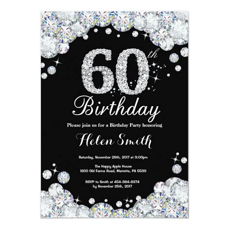 60th Birthday Invitation Silver Rhinestone Diamond Chalkboard