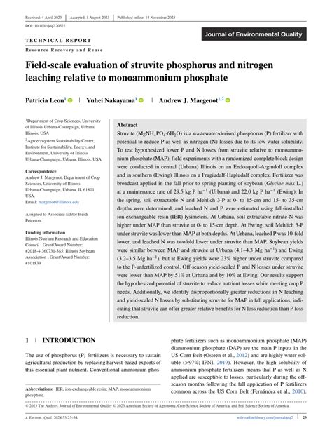 Field‐scale Evaluation Of Struvite Phosphorus And Nitrogen Leaching