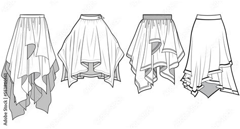 Handkerchief Skirts Asymmetric Hem Skirts Sets Fashion Illustration Vector Cad Technical