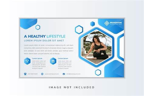 예제 헤드 라인이있는 파란색 전단지 템플릿 디자인은 건강한 라이프 스타일입니다 사진 콜라주의 공간을위한 육각형 프리미엄 벡터