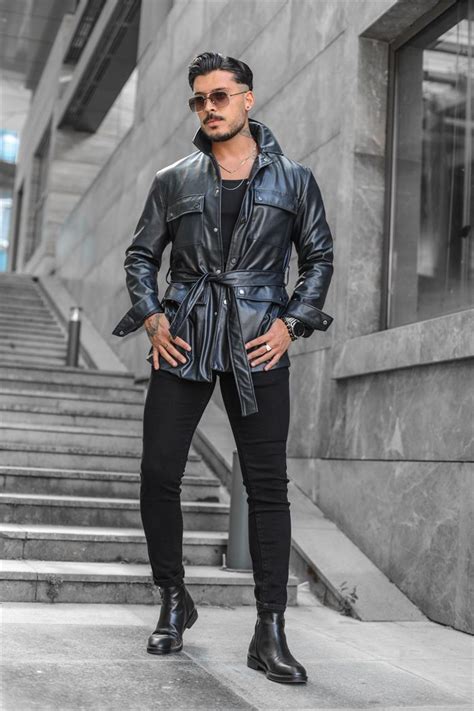 Erkek Vintage Kemerli Deri Ceket Out Fit Man
