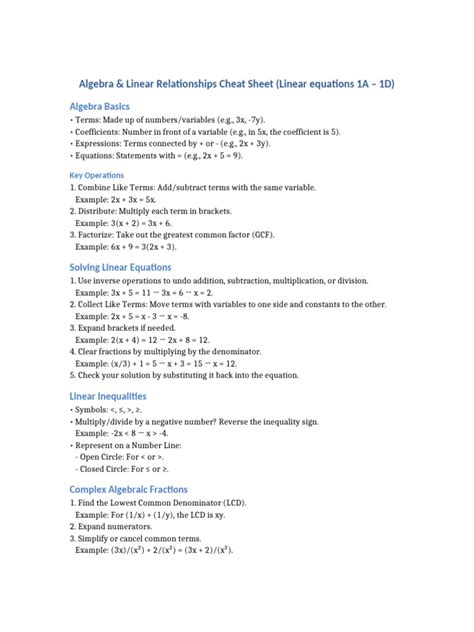 Algebra Linear Relationships Cheat Sheet Pdf