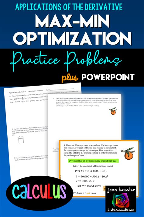 Calculus Derivatives Max Min Optimization Worksheet And Powerpoint Calculus Ap Calculus Ab