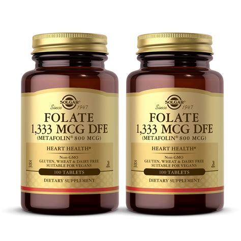 Solgar Folate 800 mcg Bio-Active Metafolin - 100 Tablets x 2 - Heart ...