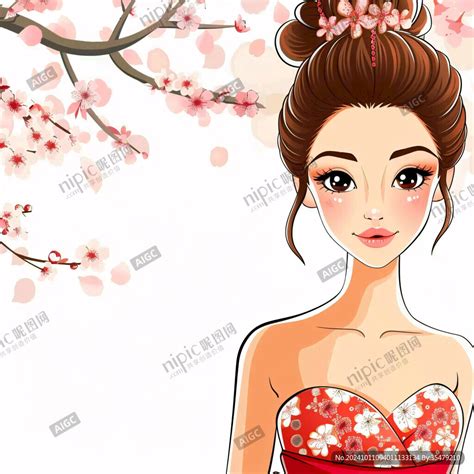ai创作图卡通桃花女孩 桃花美人插画 手绘桃花美女 整容整形花季少女插画 卡通插画美女 美女人物插画 卡通美女插画 可爱美女卡通插画 韩国女孩