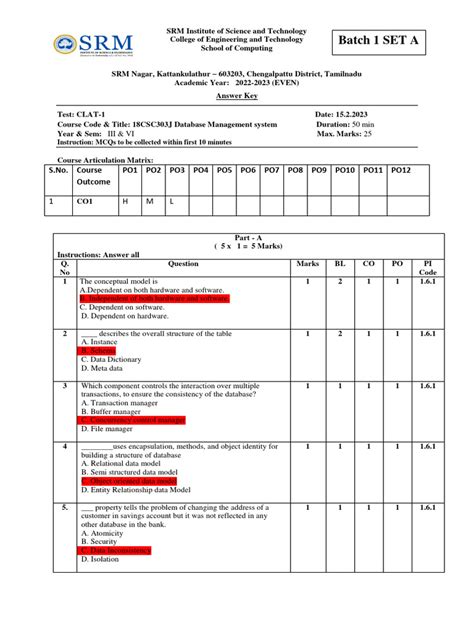 Answer Key Batch 1 Set A Pdf Database Transaction Databases