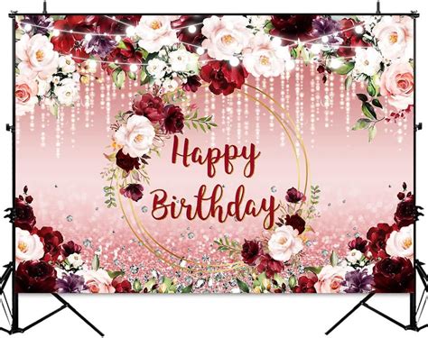 Burgundy Flowers Happy Birthday Pink Photography Backdrop Webackdrops