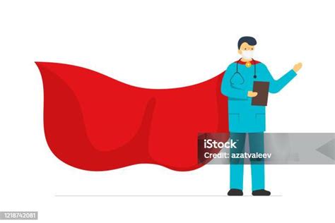 흰색 배경에 고립 된 빨간 슈퍼 히어로 망토를 입고 보호 얼굴 마스크슈퍼 영웅 남성 의사 플랫 벡터 만화 캐릭터 남자 의 영웅 하드 작업 의료 직업 삽화 개념에 대한 스톡