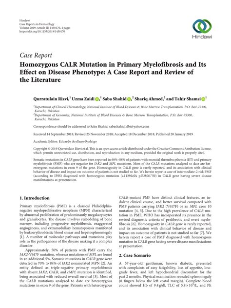 Pdf Homozygous Calr Mutation In Primary Myelofibrosis And Its Effect On Disease Phenotype A