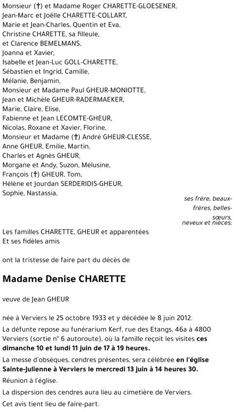 Avis De Décès De Denise Charette Décédé Le 08062012 à Verviers Annonce Condoléances Fleurs