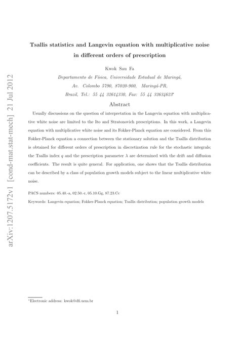 pdf tsallis statistics and langevin equation with multiplicative