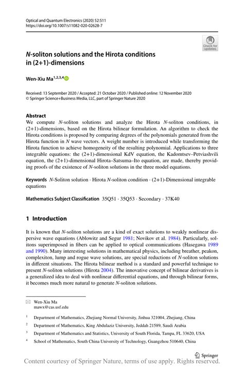 N Soliton Solutions And The Hirota Conditions In 21 Dimensions Request Pdf