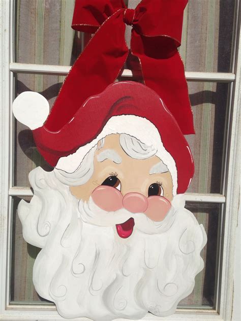 Hand Painted Wood Santa Face With Bow Door Hanger 2ft Tall By 14 In