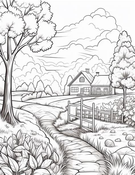 Premium Photo A Drawing Of A Farm With A Fence And A Tree Generative Ai