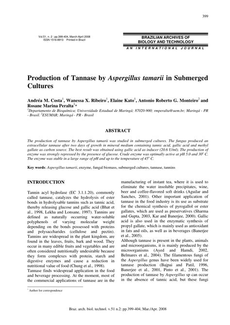 Pdf Production Of Tannase By Aspergillus Tamarii In Submerged Cultures
