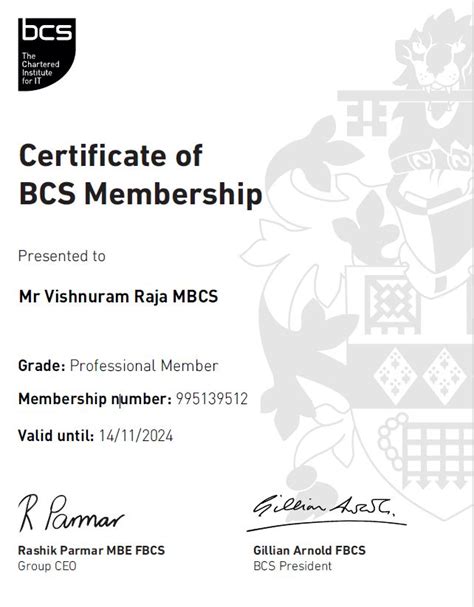Certificate For Bcs Membership From Bcs The Chartered Institute For It Kick Start Vishnu Ram