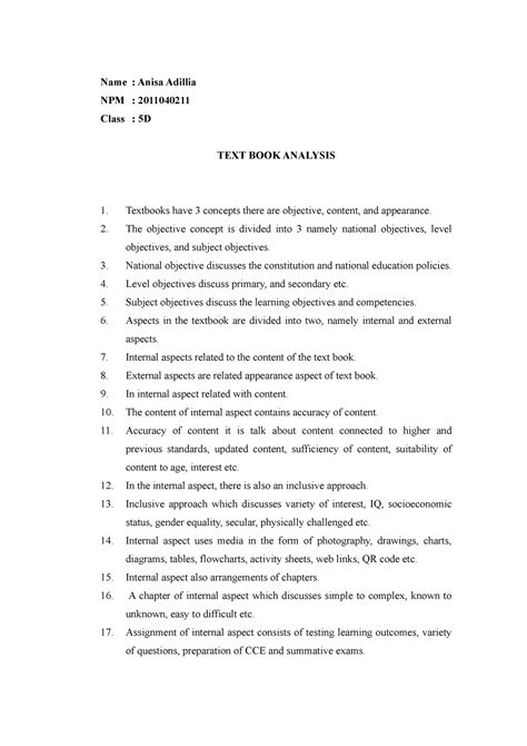 Textbook Analysis Name Anisa Adillia Npm 2011040211 Class 5d