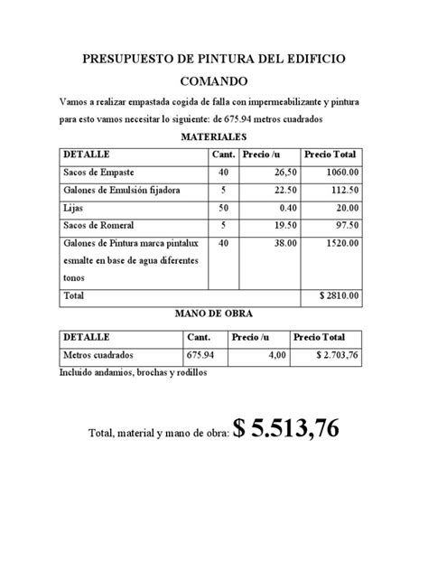 Presupuesto De Pintura Del Edificio Comando Pdf