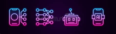 Set Line Neural Network Artificial Intelligence Robot And Ai Glowing Neon Icon Vector Stock