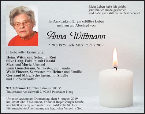 Traueranzeigen Von Anna Wittmann Trauernnde