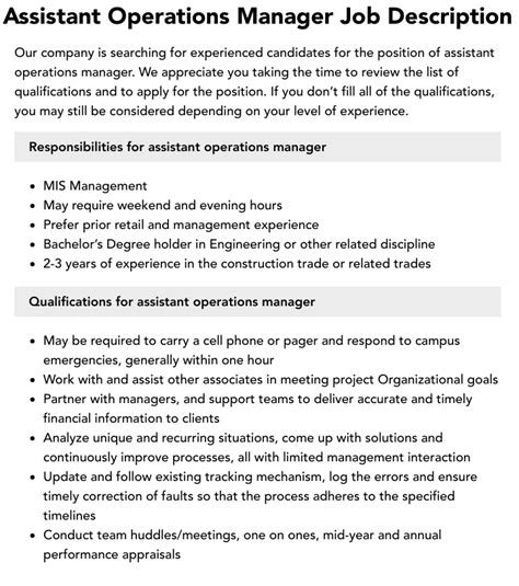 Assistant Operations Manager Job Description Velvet Jobs