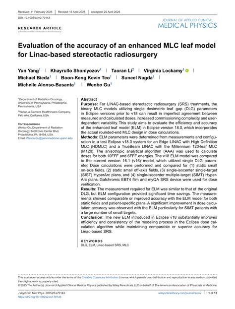 Pdf Evaluation Of The Accuracy Of An Enhanced Mlc Leaf Model For Linac‐based Stereotactic