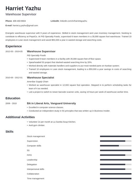 Resume Template For Supervisor Position