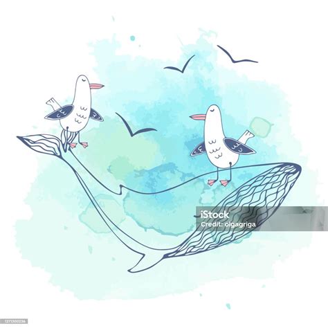 큰 고래에 떠있는 귀여운 갈매기와 바다 테마에 엽서 그래픽과 수채화 벡터 수채화에 대한 스톡 벡터 아트 및 기타 이미지 수채화 바다 선박 Istock