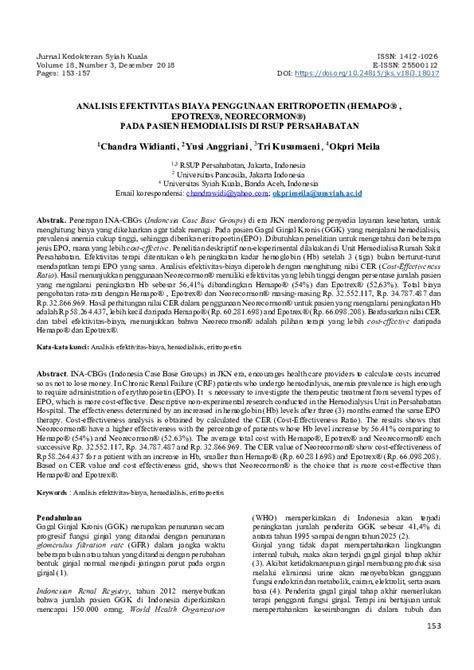 Pdf Analisis Efektivitas Biaya Penggunaan Eritropoetin Hemapo