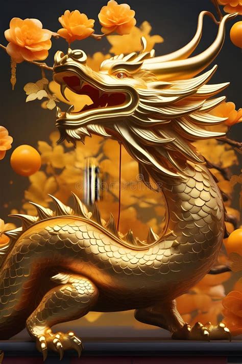 A Golden Dragon Pose In Gracefully With Mandarin Orange Fruits And