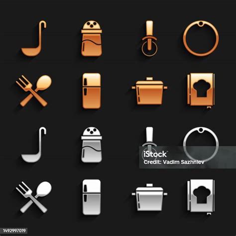 냉장고 도마 요리책 요리 냄비 교차 포크와 숟가락 피자 나이프 주방 국자 및 소금 아이콘을 설정합니다 벡터 검은색에 대한 스톡 벡터 아트 및 기타 이미지 Istock