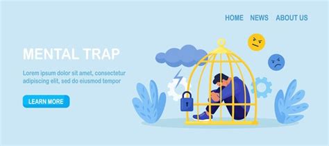 닫힌 우리로 정신적 함정이 있는 머리 실루엣 새장에 갇힌 것 같은 심리적 사고방식의 문제 안락 지대에 갇혀 개인적 성장 문제 왜곡된 세계관을 가진 사람 프리미엄 벡터