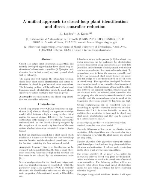 pdf a unified approach to closed loop plant identification and direct controller reduction