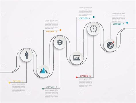Timeline Infographics Template With Stepwise Structure With 6 Steps Stock Vector