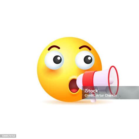 อิโมจิสีเหลืองพร้อมโทรโข่งแยกบนพื้นหลังสีขาว ภาพประกอบสต็อก ดาวน์โหลดรูปภาพตอนนี้ สัญรูป