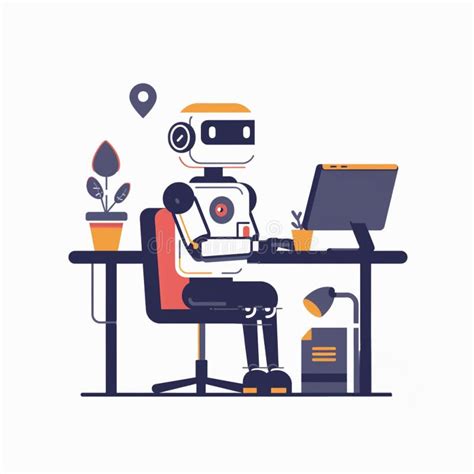 Robot At Office Working At The Computer Robot Office Worker Robotics Concept Flat
