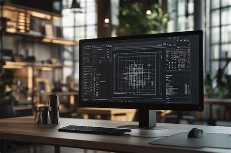 modern office workspace with computer displaying technical drawings premium ai generated image